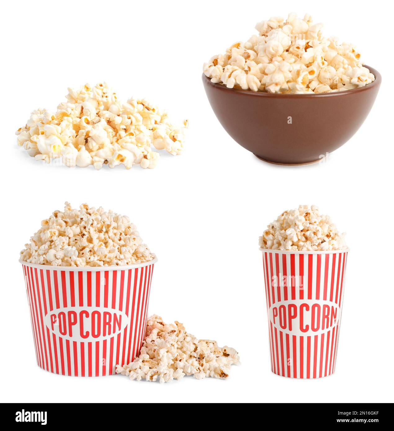 Collage with tasty popcorn on white background Stock Photo - Alamy