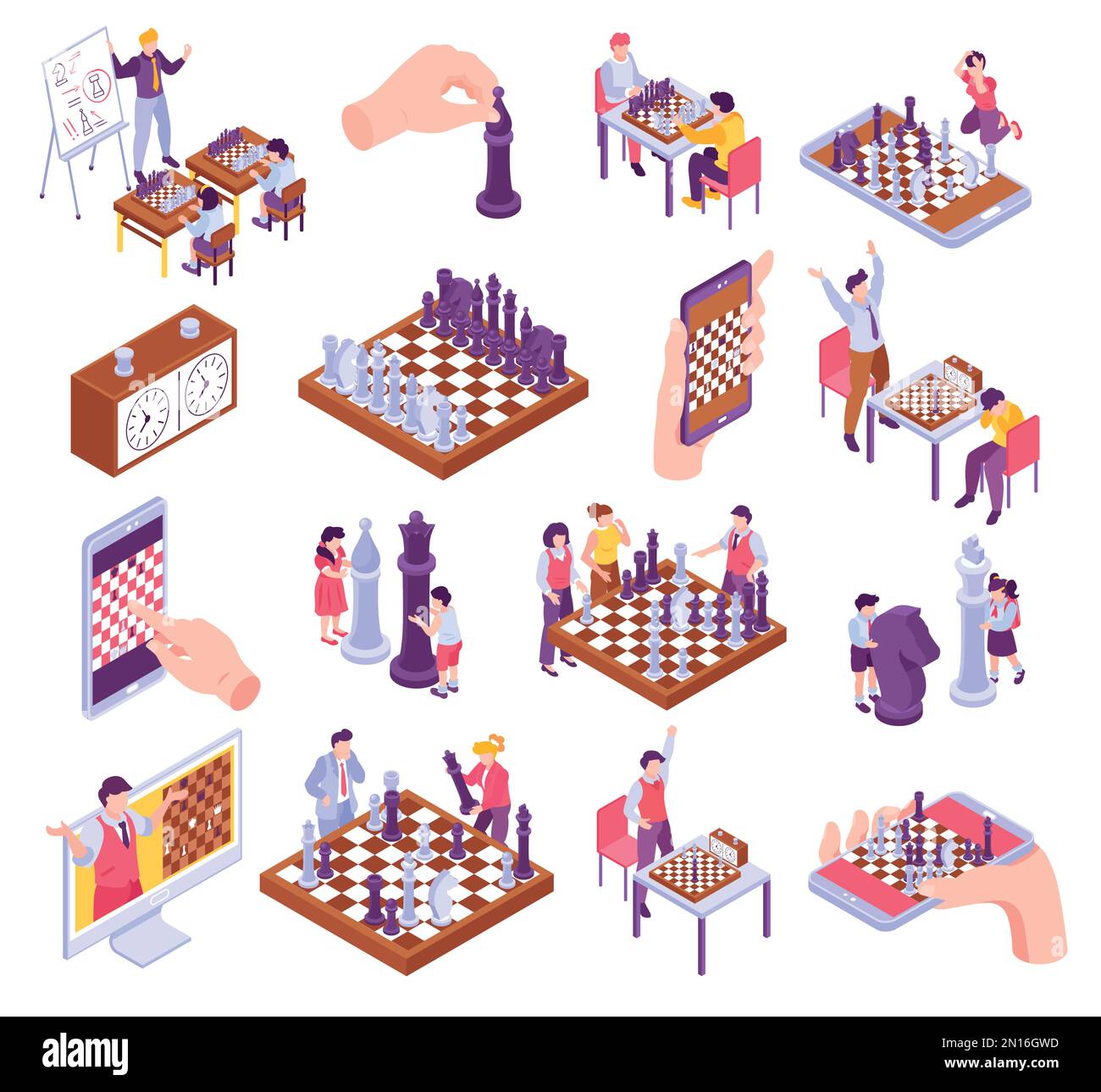 Chess isometric set with chessboard online game players children learning to play isolated 3d ...
