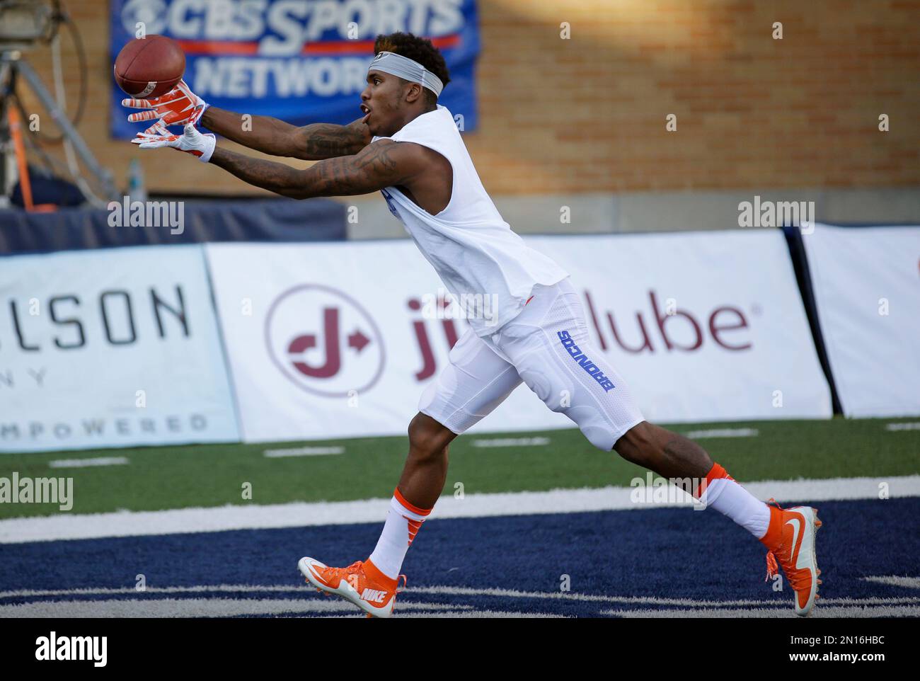 Boise State cornerback Donte Deayon works out during practice before the start of their NCAA ...