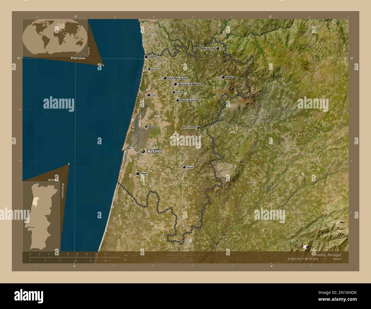 Aveiro, district of Portugal. Low resolution satellite map. Locations ...