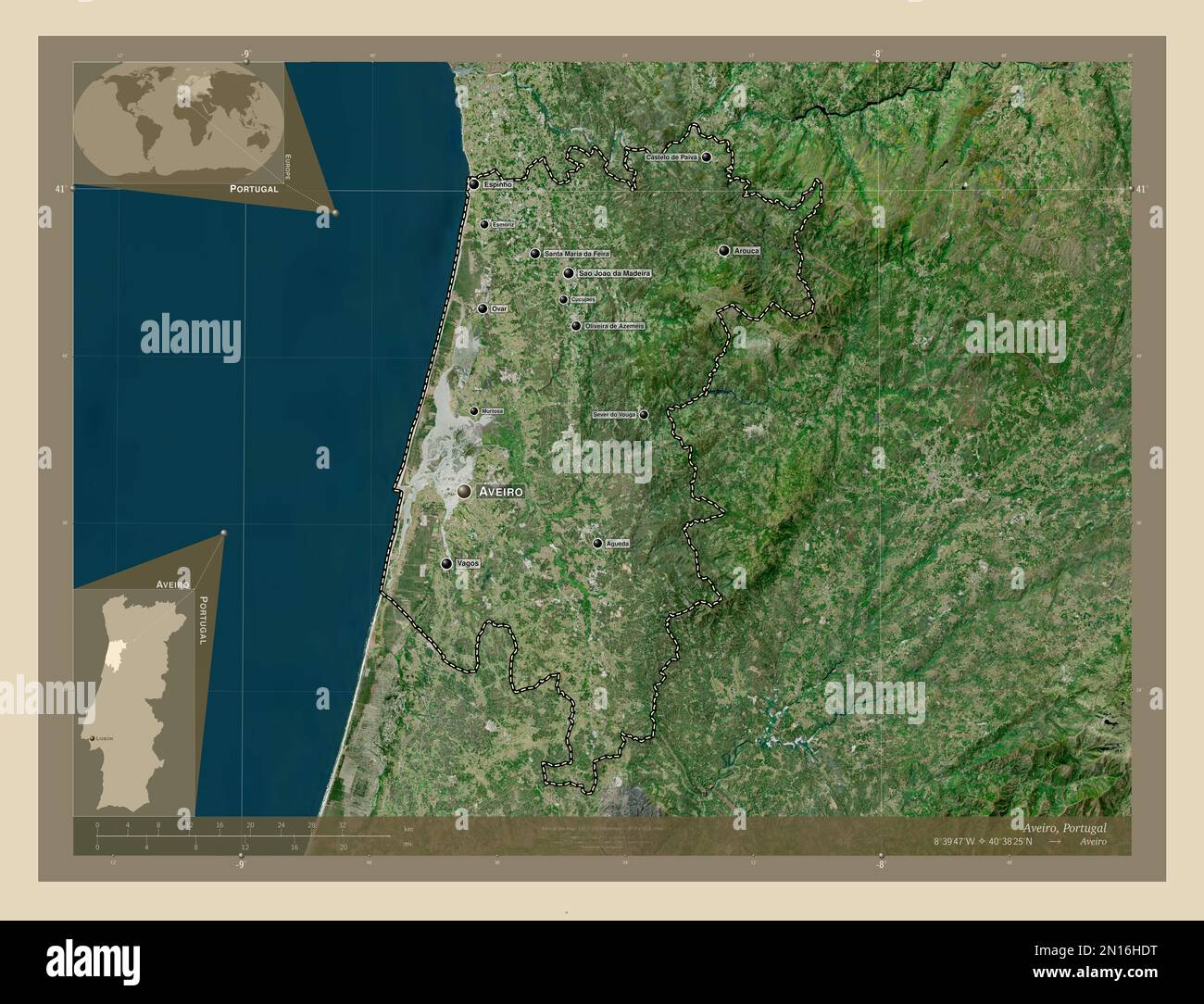 Aveiro, district of Portugal. High resolution satellite map. Locations ...