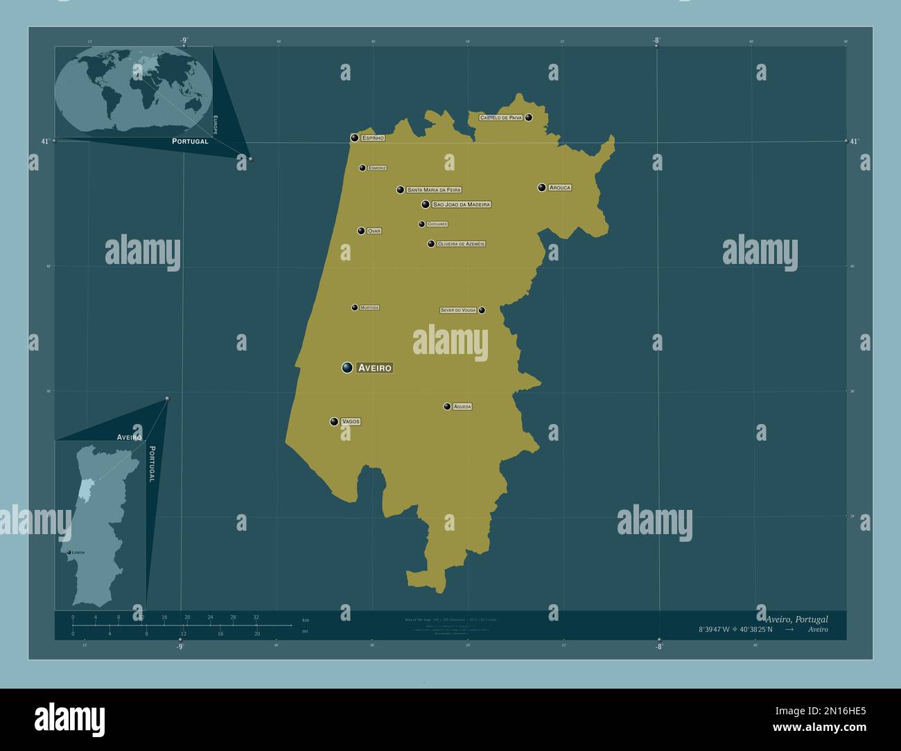 Aveiro, district of Portugal. Solid color shape. Locations and names of ...