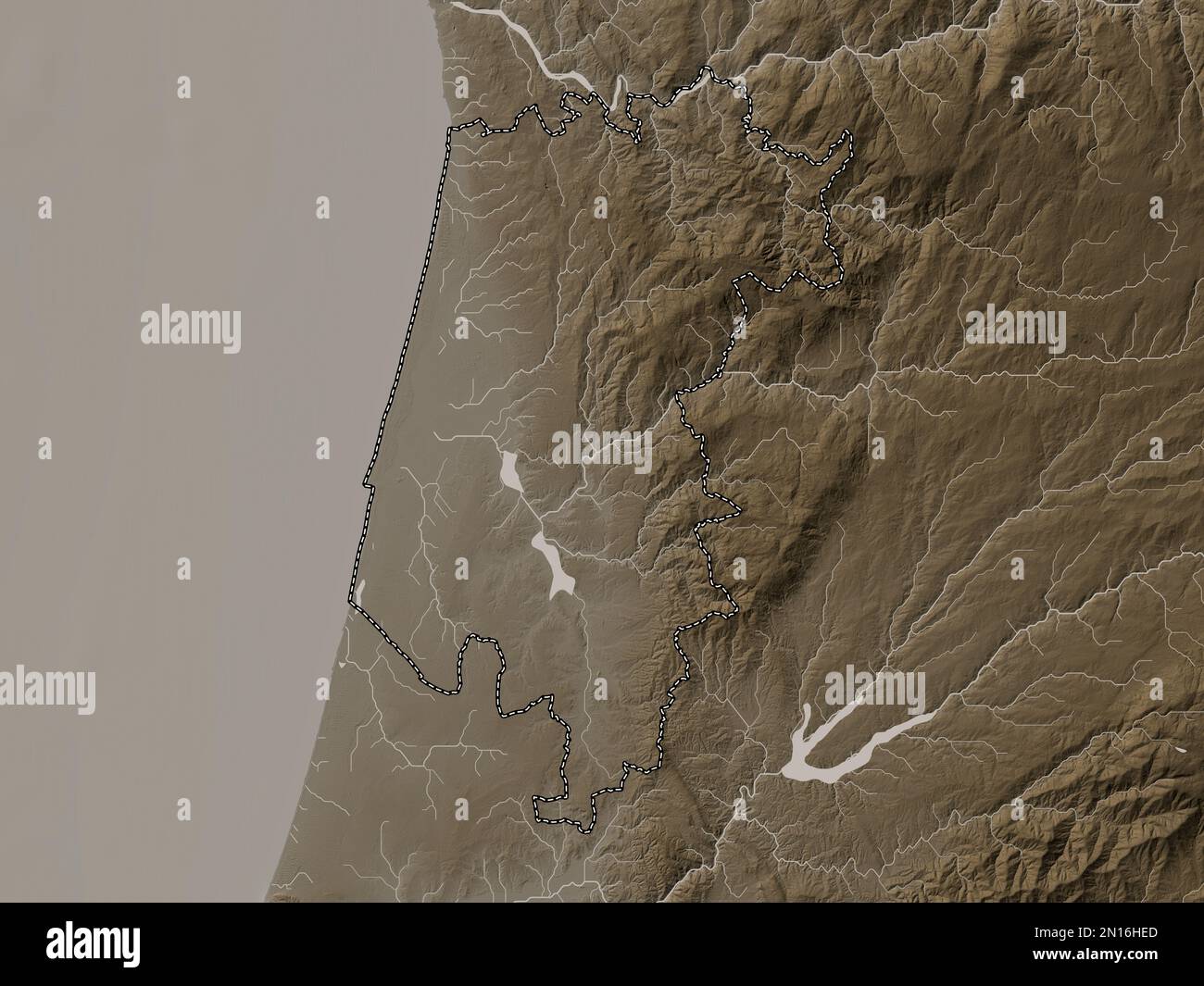 Aveiro, district of Portugal. Elevation map colored in sepia tones with ...