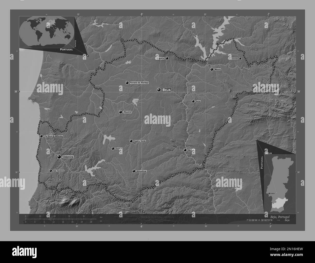 Beja, district of Portugal. Bilevel elevation map with lakes and rivers ...