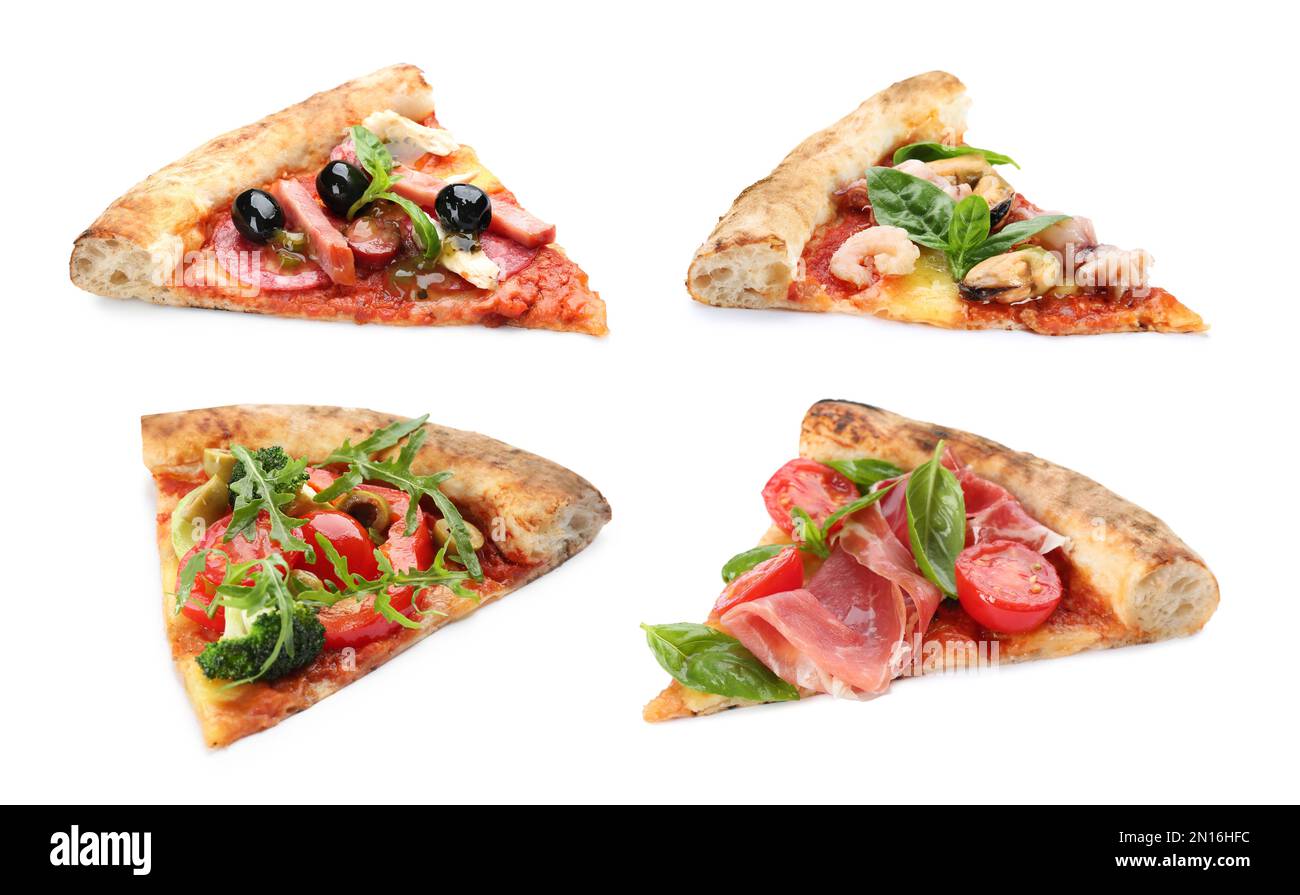 Set with pieces of different pizzas on white background Stock Photo - Alamy