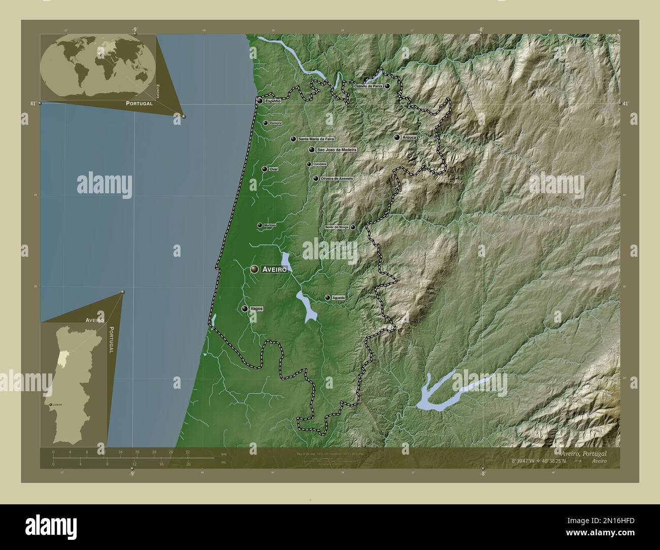 Aveiro, district of Portugal. Elevation map colored in wiki style with ...