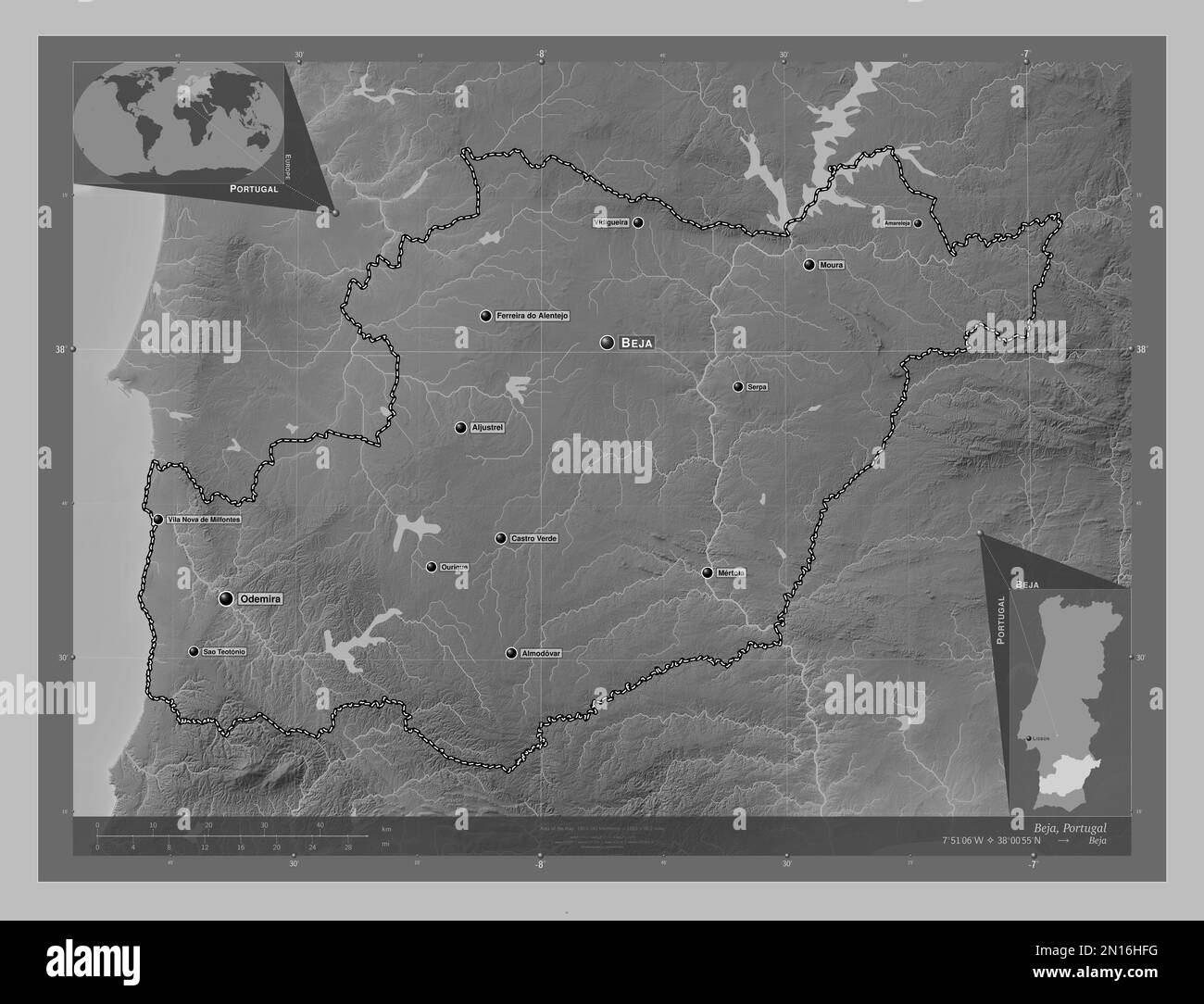 Beja, district of Portugal. Grayscale elevation map with lakes and ...