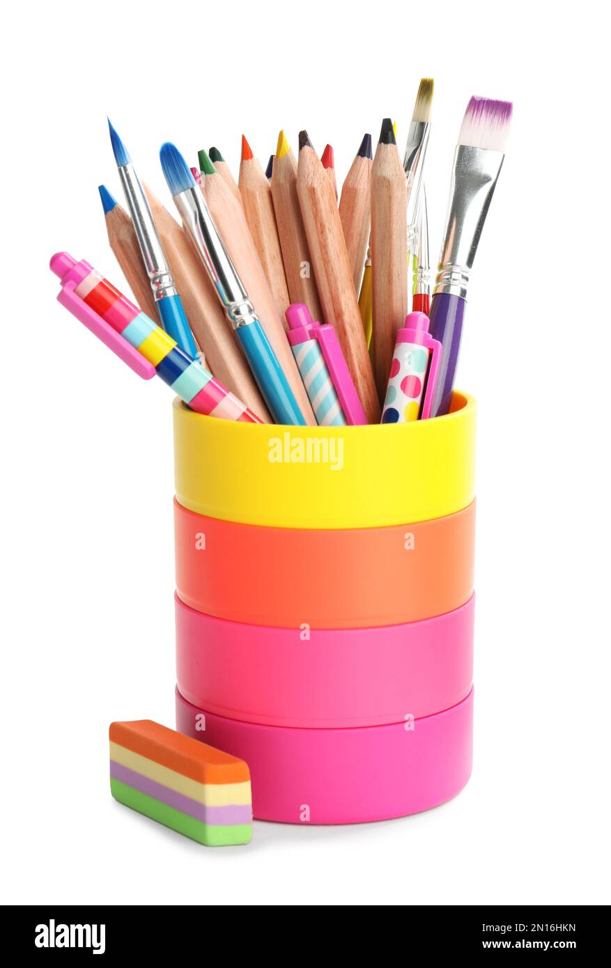 Set of colorful school stationery on white background Stock Photo - Alamy