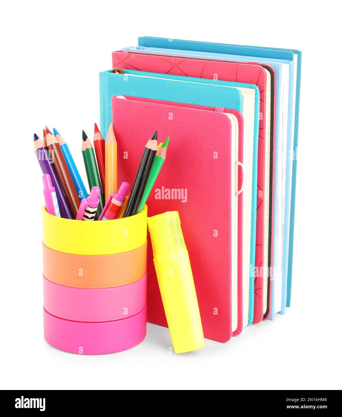 Set of colorful school stationery on white background Stock Photo - Alamy