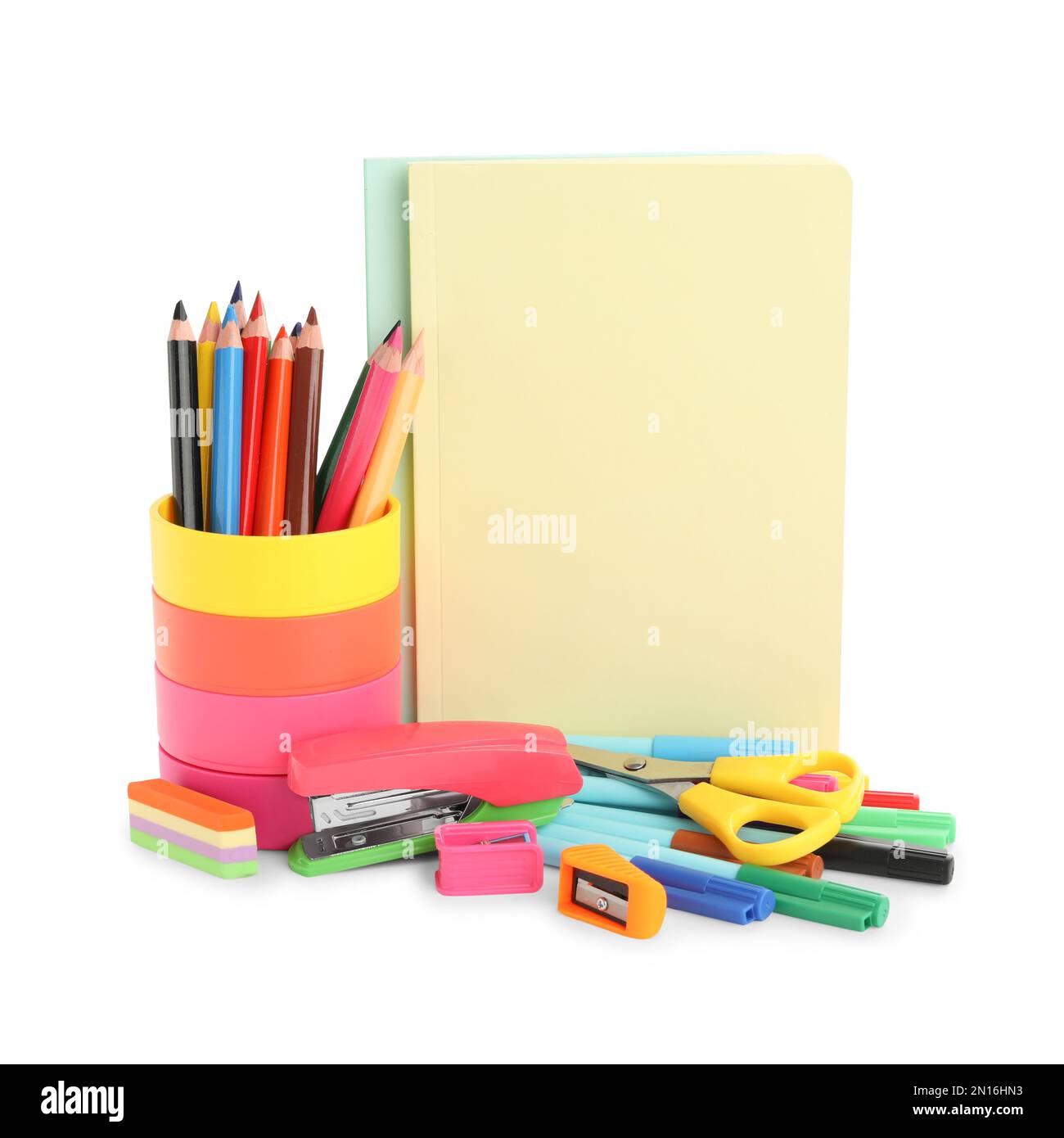 Set of colorful school stationery on white background Stock Photo - Alamy