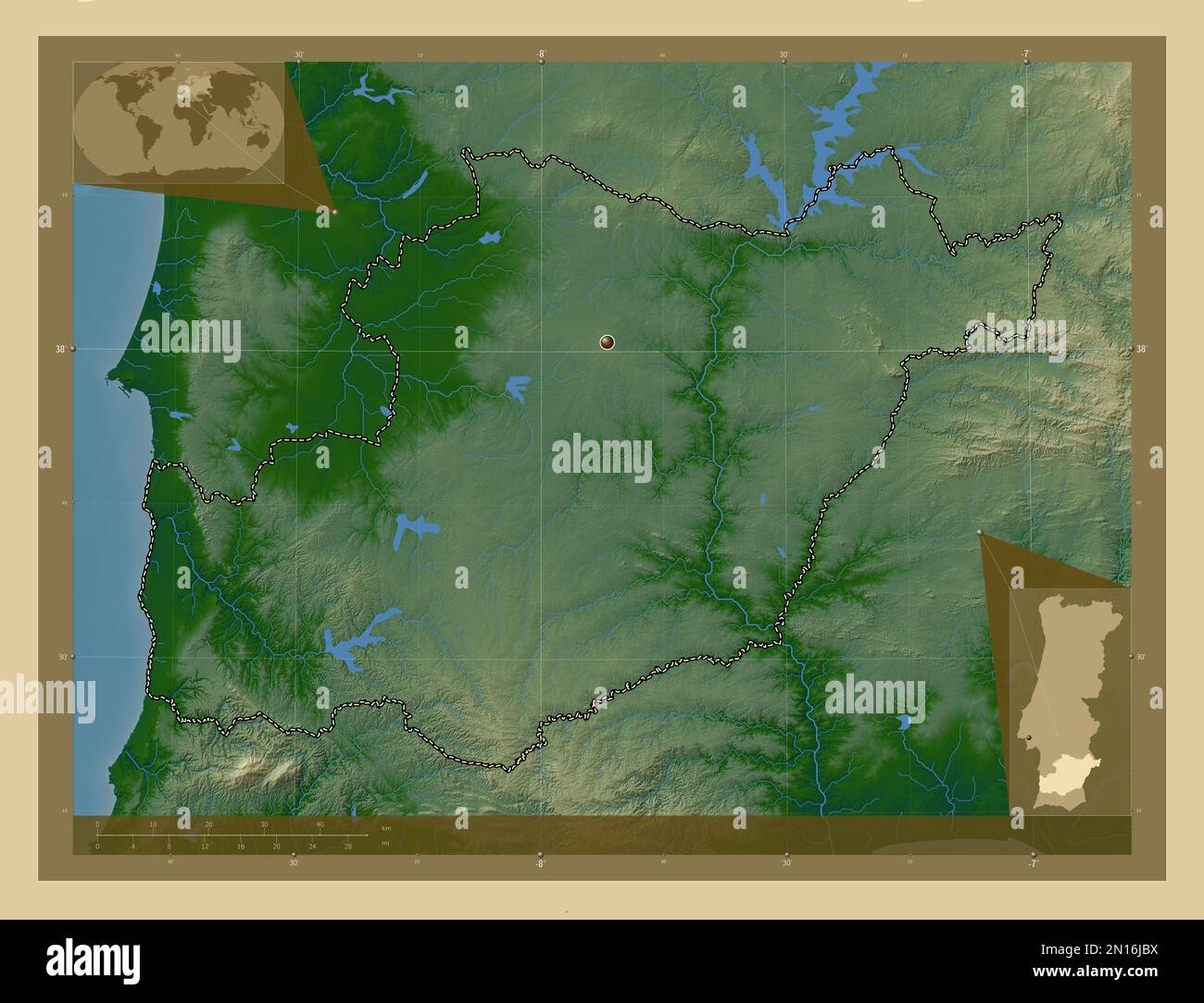 Beja, district of Portugal. Colored elevation map with lakes and rivers ...