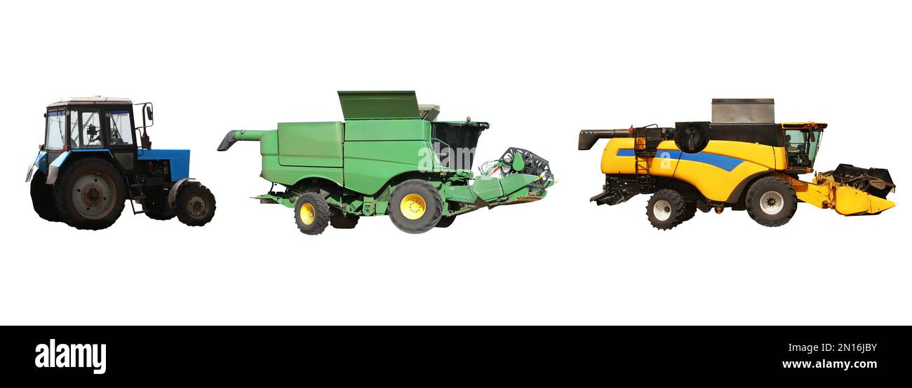 Set of different agricultural machinery on white background. Banner ...