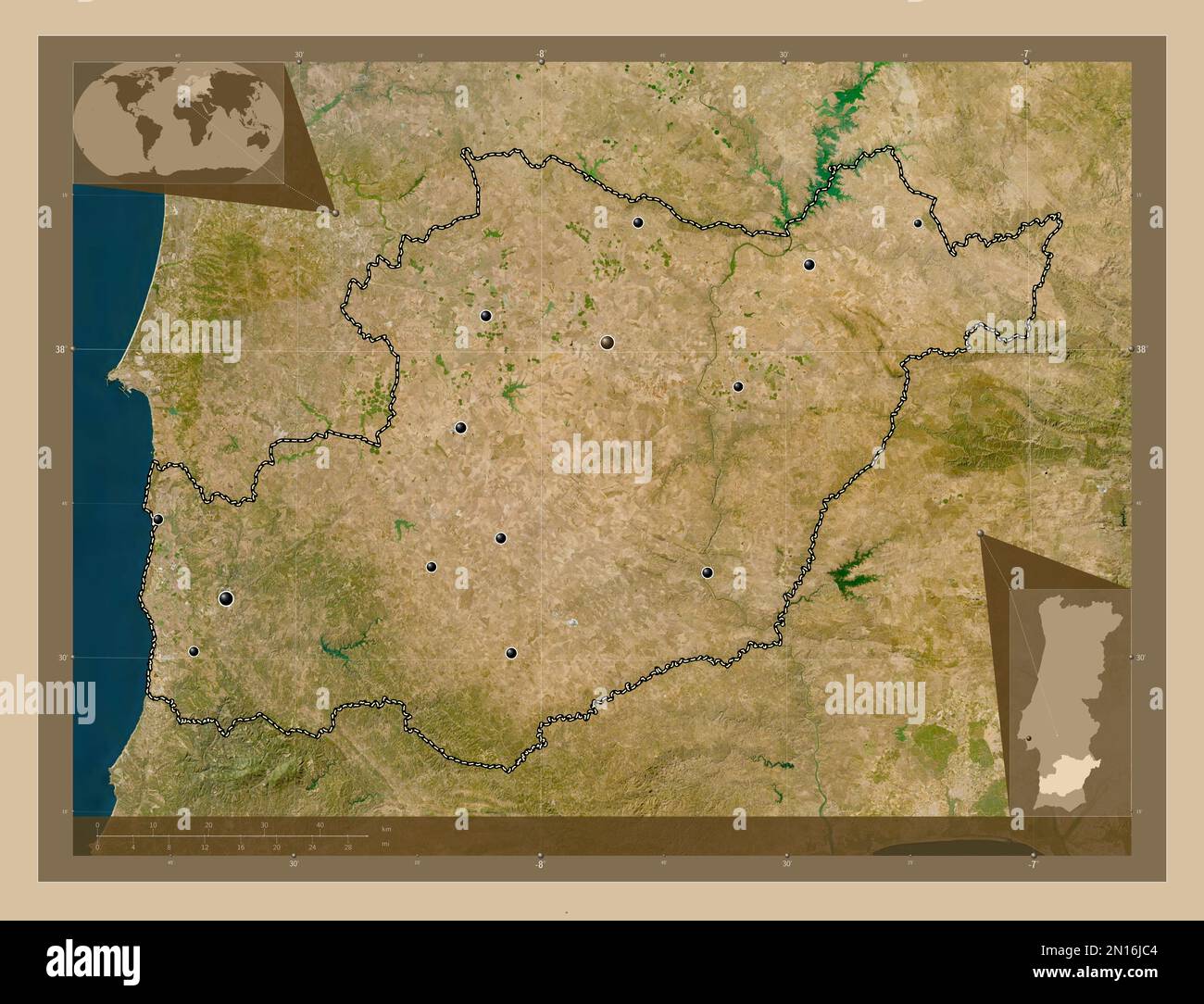 Beja, district of Portugal. Low resolution satellite map. Locations of ...