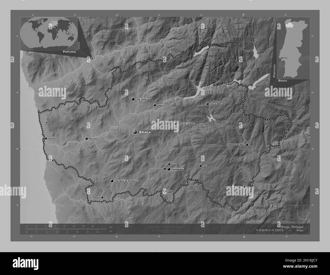 Braga, district of Portugal. Grayscale elevation map with lakes and ...