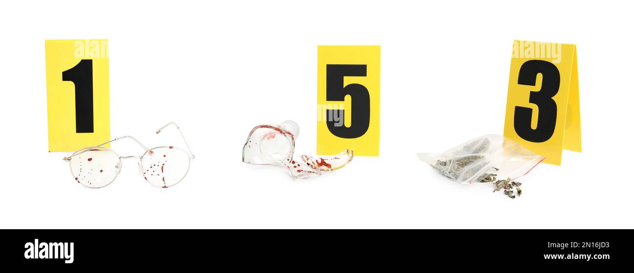 Crime scene investigation. Set of evidence identification markers and ...