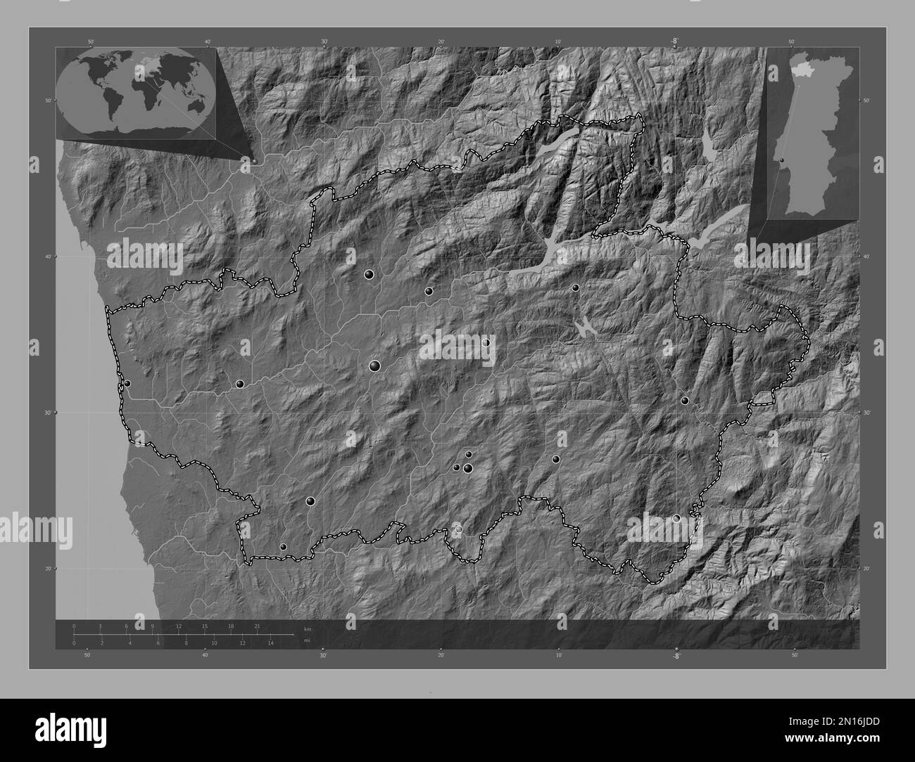 Braga, district of Portugal. Bilevel elevation map with lakes and ...