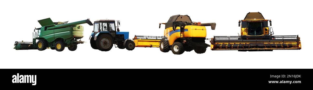 Set of different agricultural machinery on white background. Banner ...