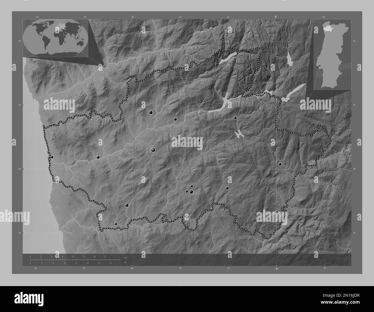 Braga, district of Portugal. Grayscale elevation map with lakes and ...