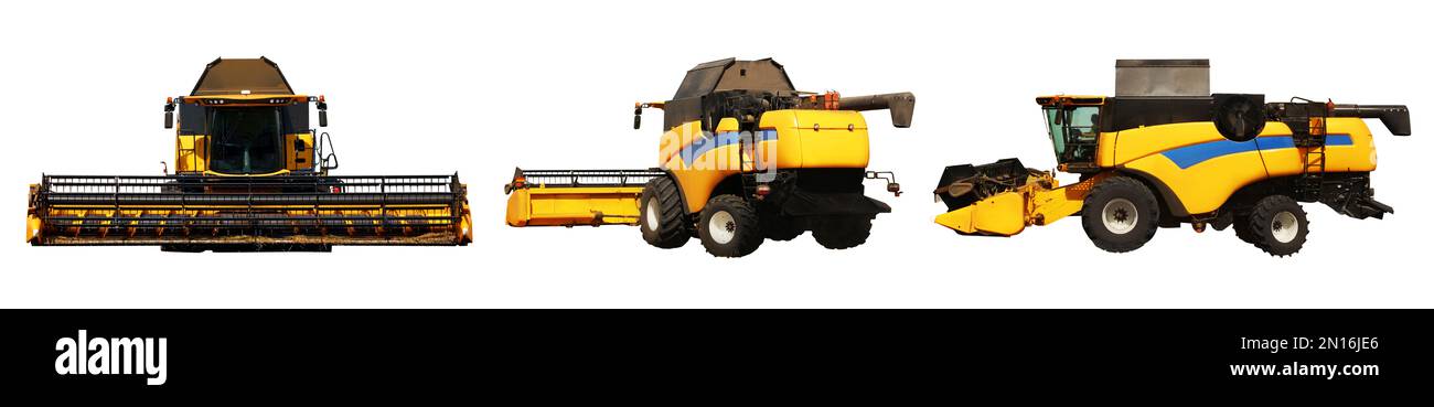 Modern combine harvester on white background, views from different ...