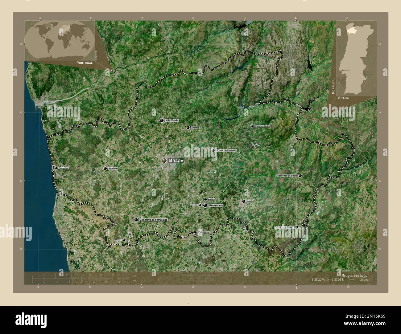 Braga, district of Portugal. High resolution satellite map. Locations ...