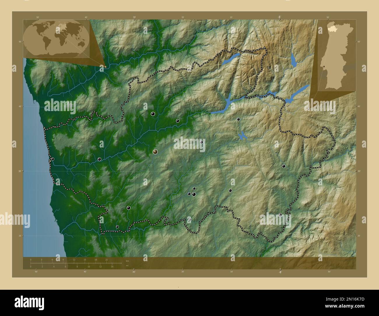 Braga, district of Portugal. Colored elevation map with lakes and ...