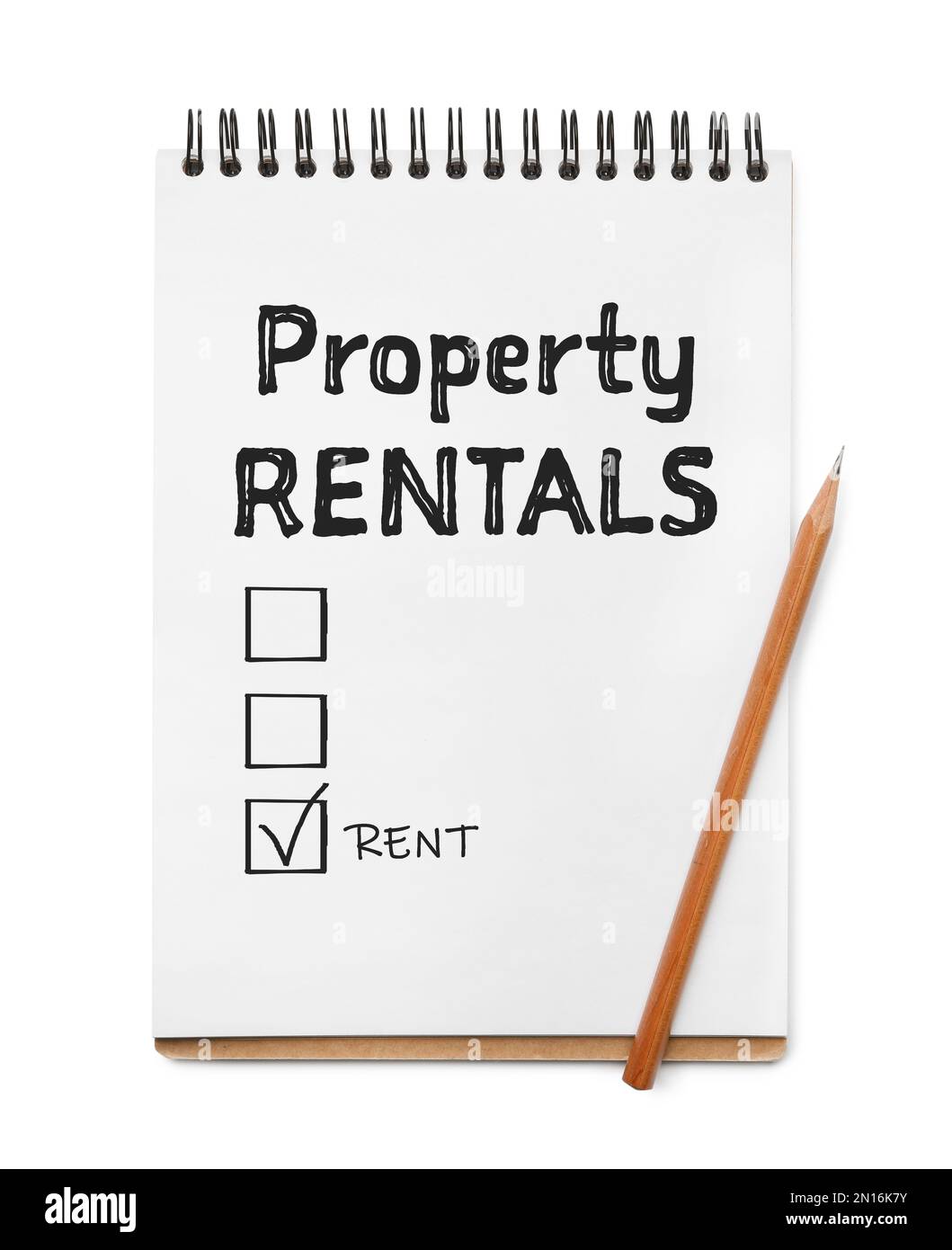 Notebook with text Property Rentals, check mark and boxes on white ...