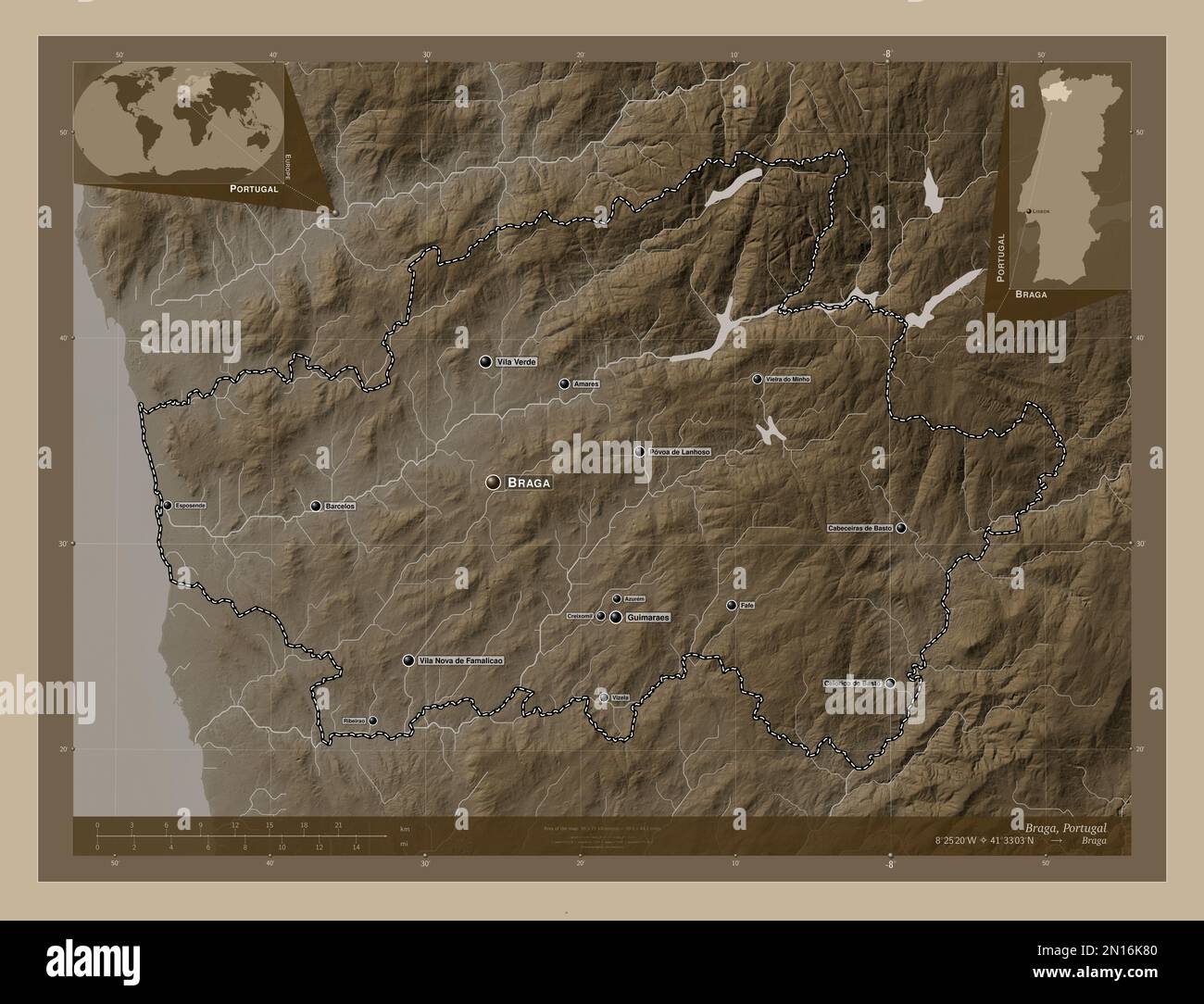 Braga, district of Portugal. Elevation map colored in sepia tones with ...