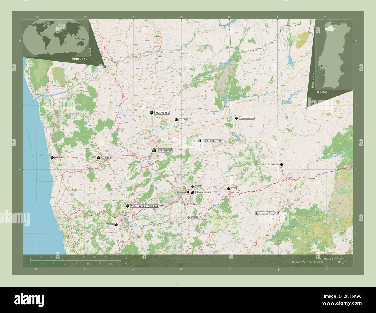 Braga, district of Portugal. Open Street Map. Locations and names of ...