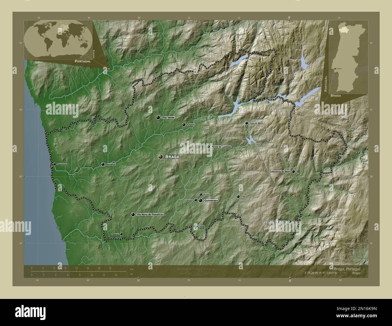 Braga, district of Portugal. Elevation map colored in wiki style with ...