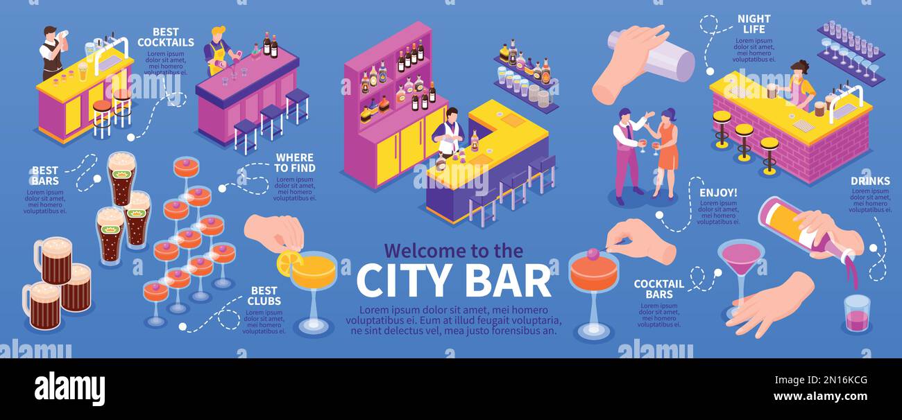 Isometric horizontal city bar infographics with various drinks and ...