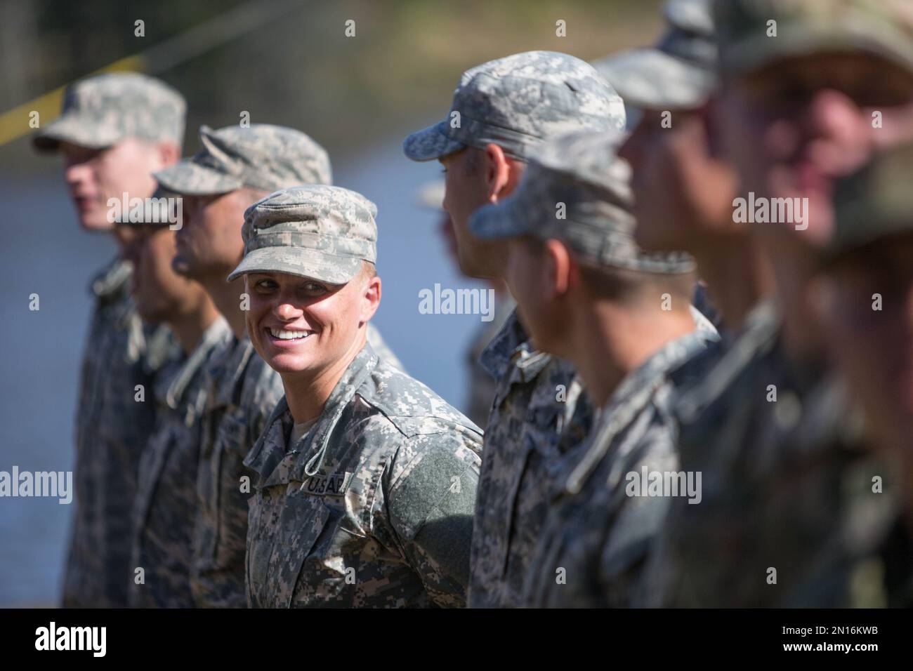 Maj. Lisa Jaster, center, stands in formation with other Rangers during ...