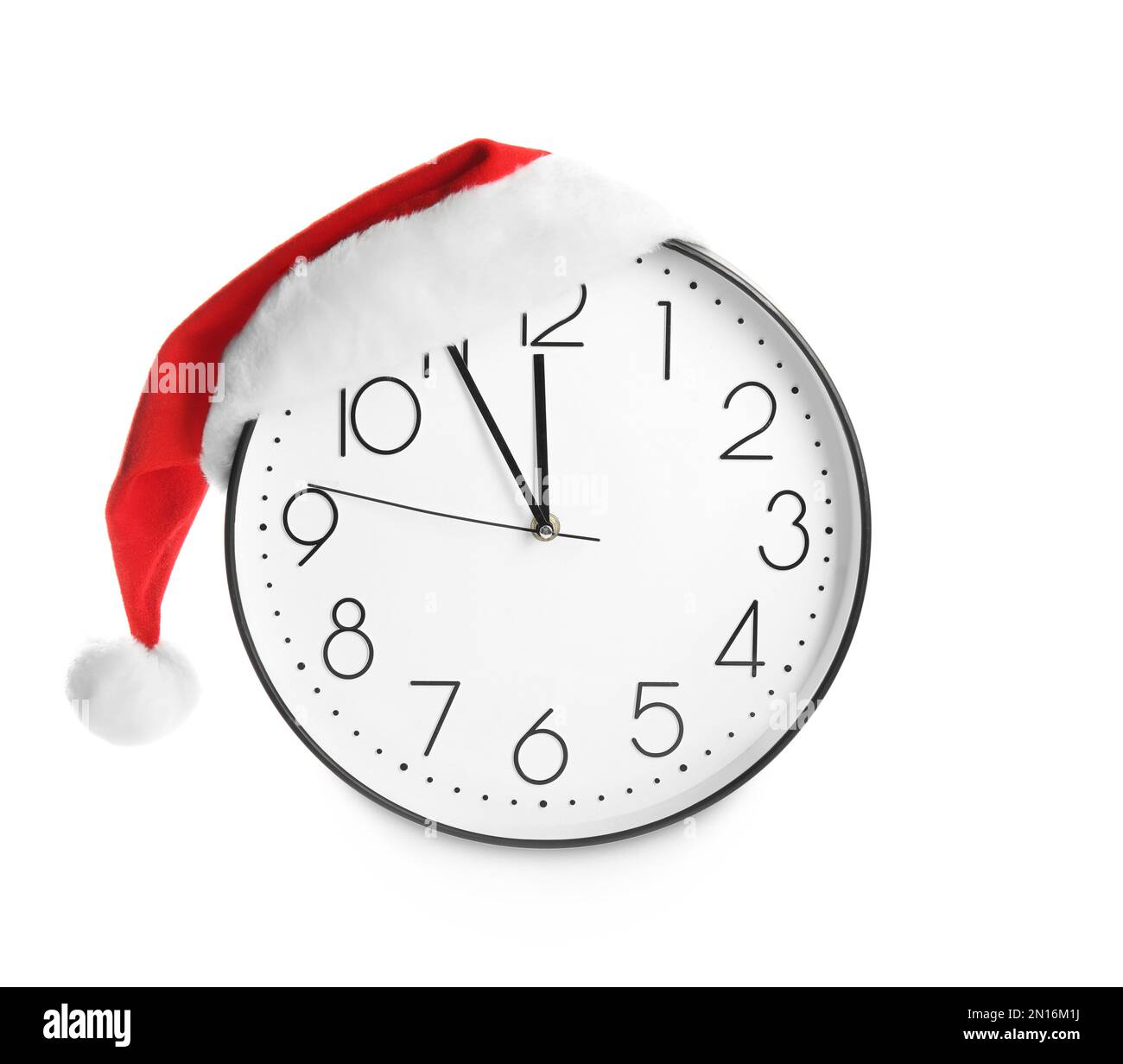 Clock with Santa hat showing five minutes until midnight on white ...