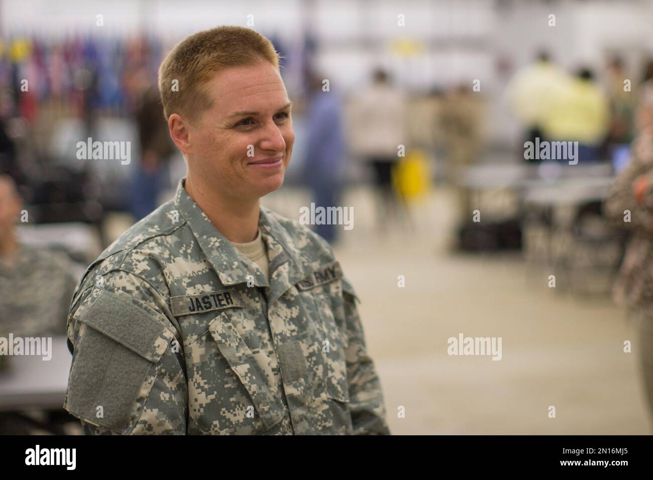 Maj. Lisa Jaster smiles before a press conference, Friday, Oct. 16 ...
