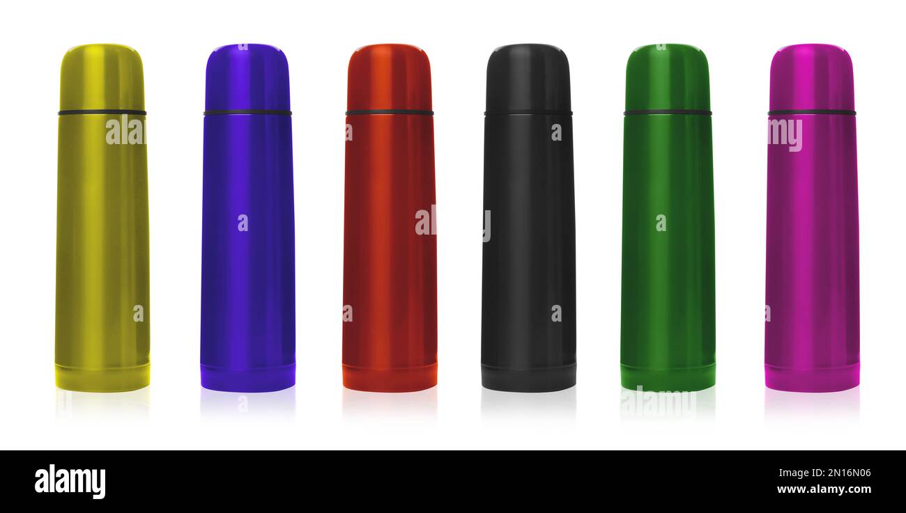 Set of modern thermoses in different colors on white background. Banner ...