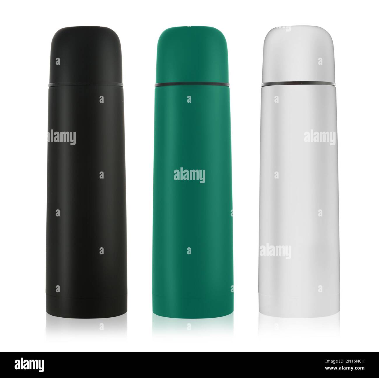 Set of modern thermoses in different colors on white background Stock ...