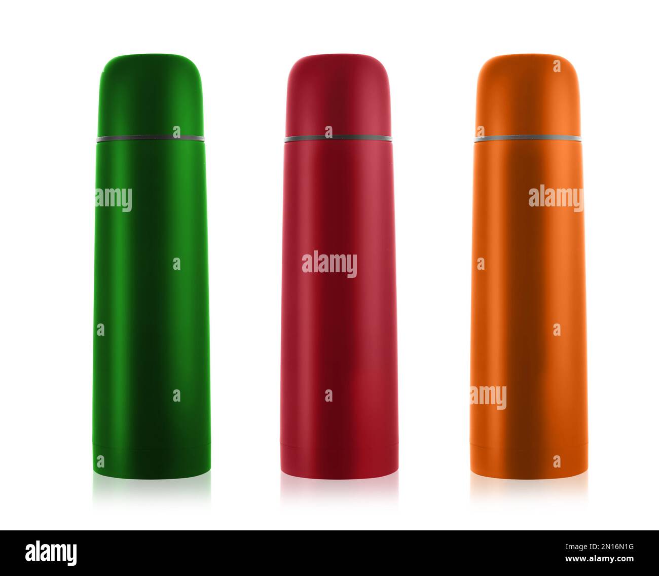 Set of modern thermoses in different colors on white background Stock ...