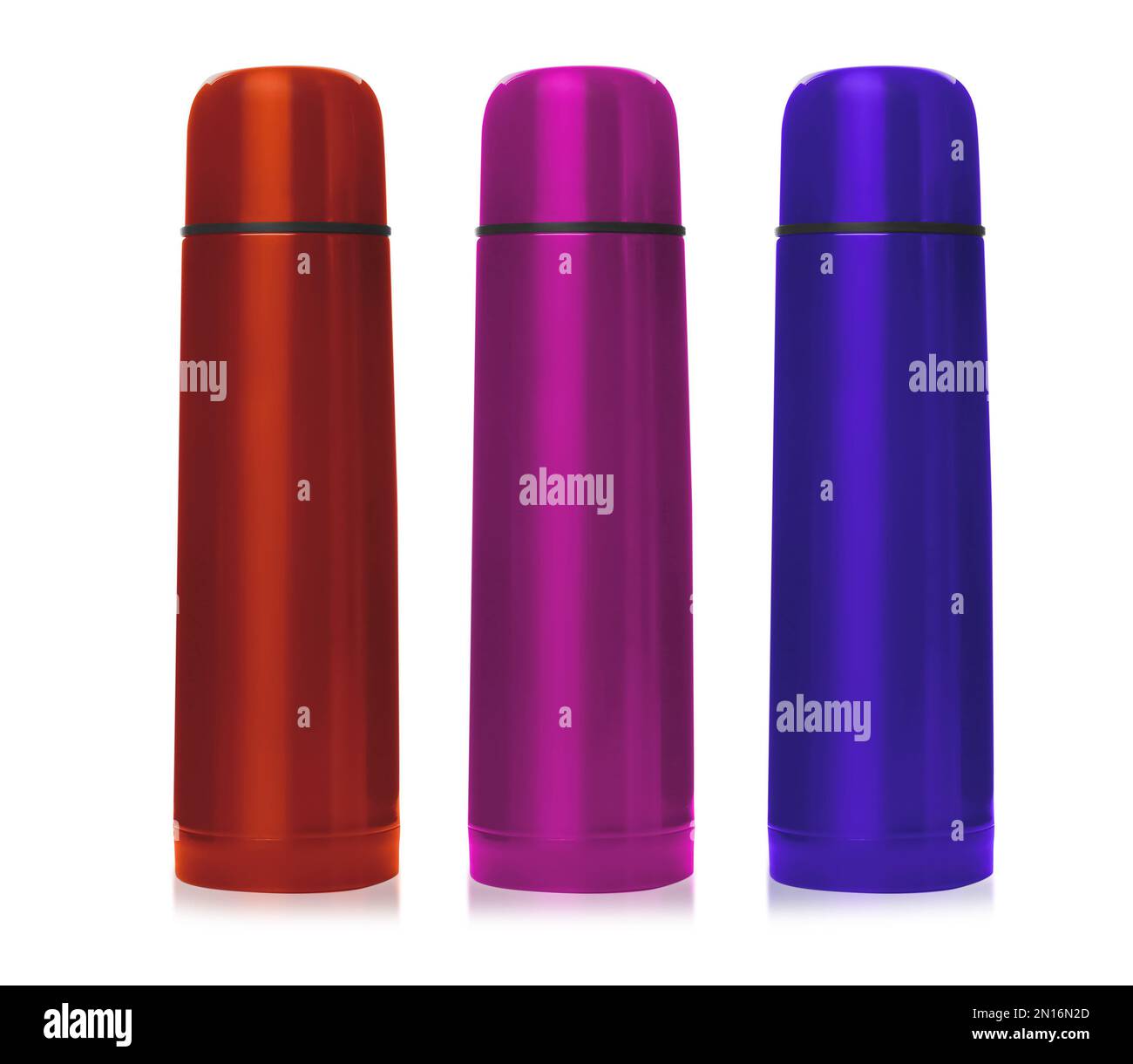Set of modern thermoses in different colors on white background Stock ...
