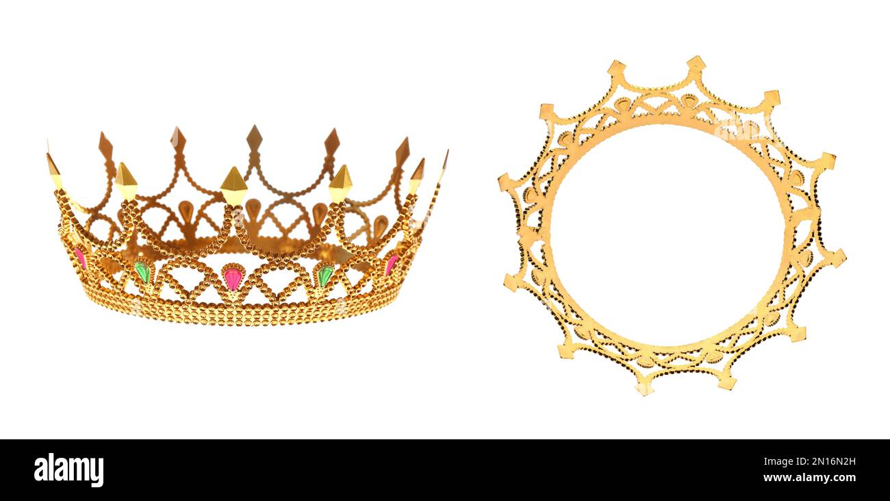 Beautiful crown with gemstones on white background, side and top views ...