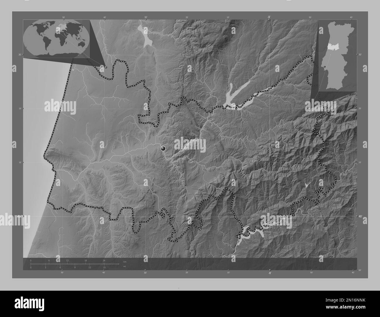 Coimbra, district of Portugal. Grayscale elevation map with lakes and ...