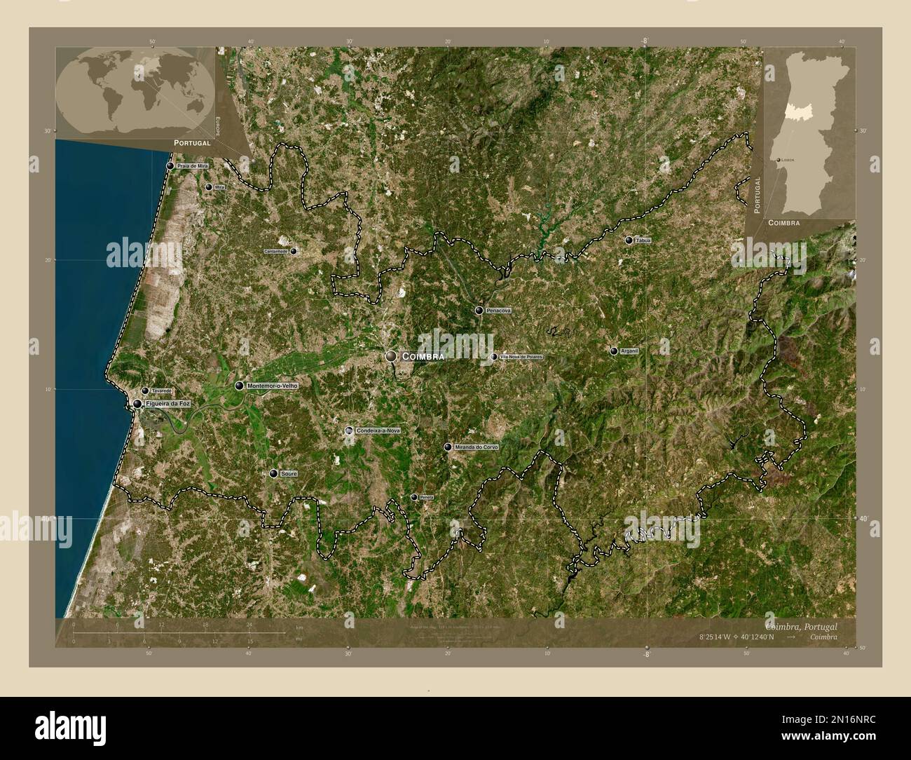 Coimbra, district of Portugal. High resolution satellite map. Locations ...