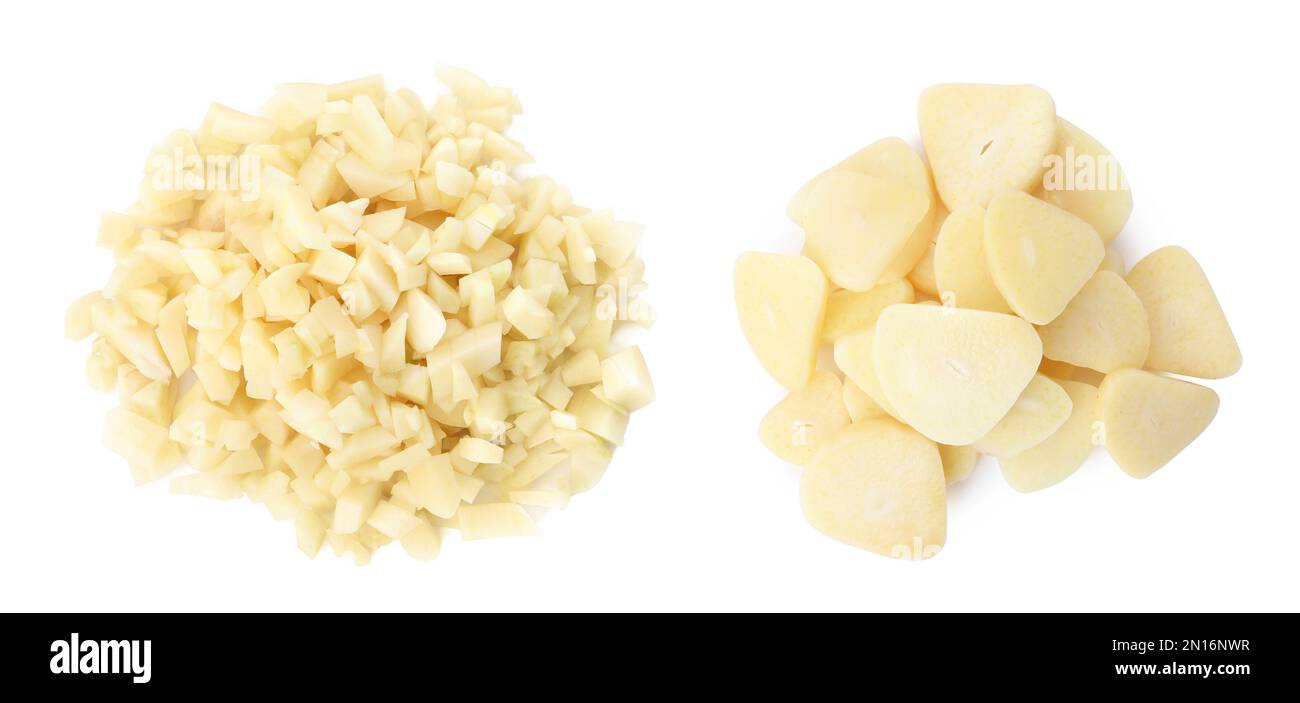 Heaps of cut garlic on white background, top view. Banner design Stock ...