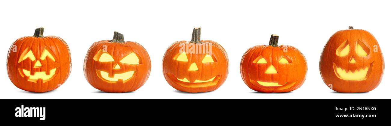 Set of carved Halloween pumpkins on white background. Banner design ...