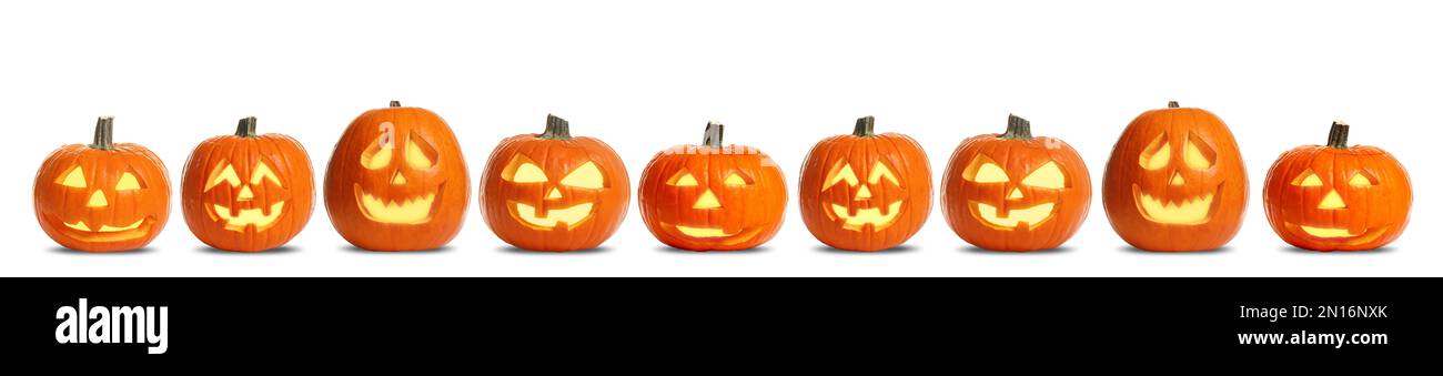 Set of carved Halloween pumpkins on white background. Banner design ...
