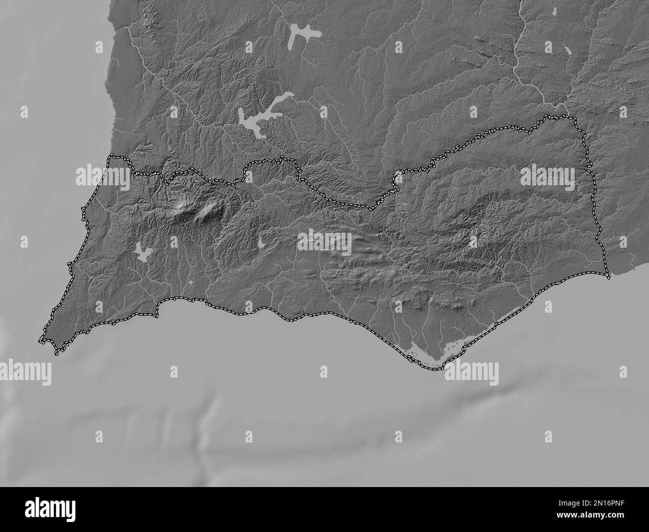 Faro, district of Portugal. Bilevel elevation map with lakes and rivers ...