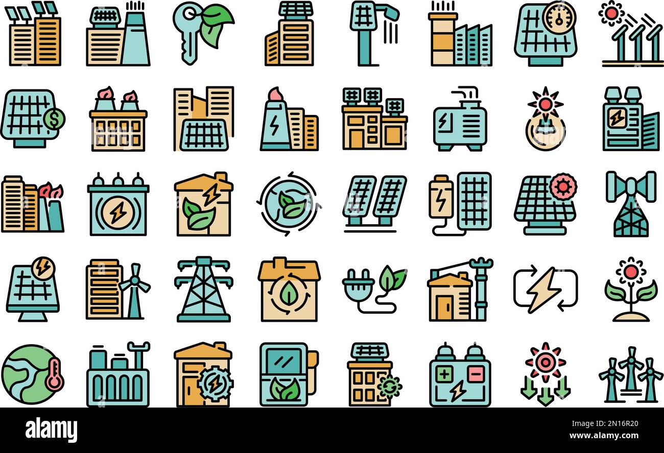 Home power plant icons set outline vector. Green energy. Battery ...