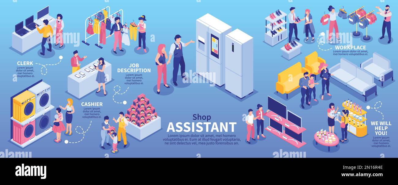 Shop assistant isometric infographics with cashiers and sellers ...