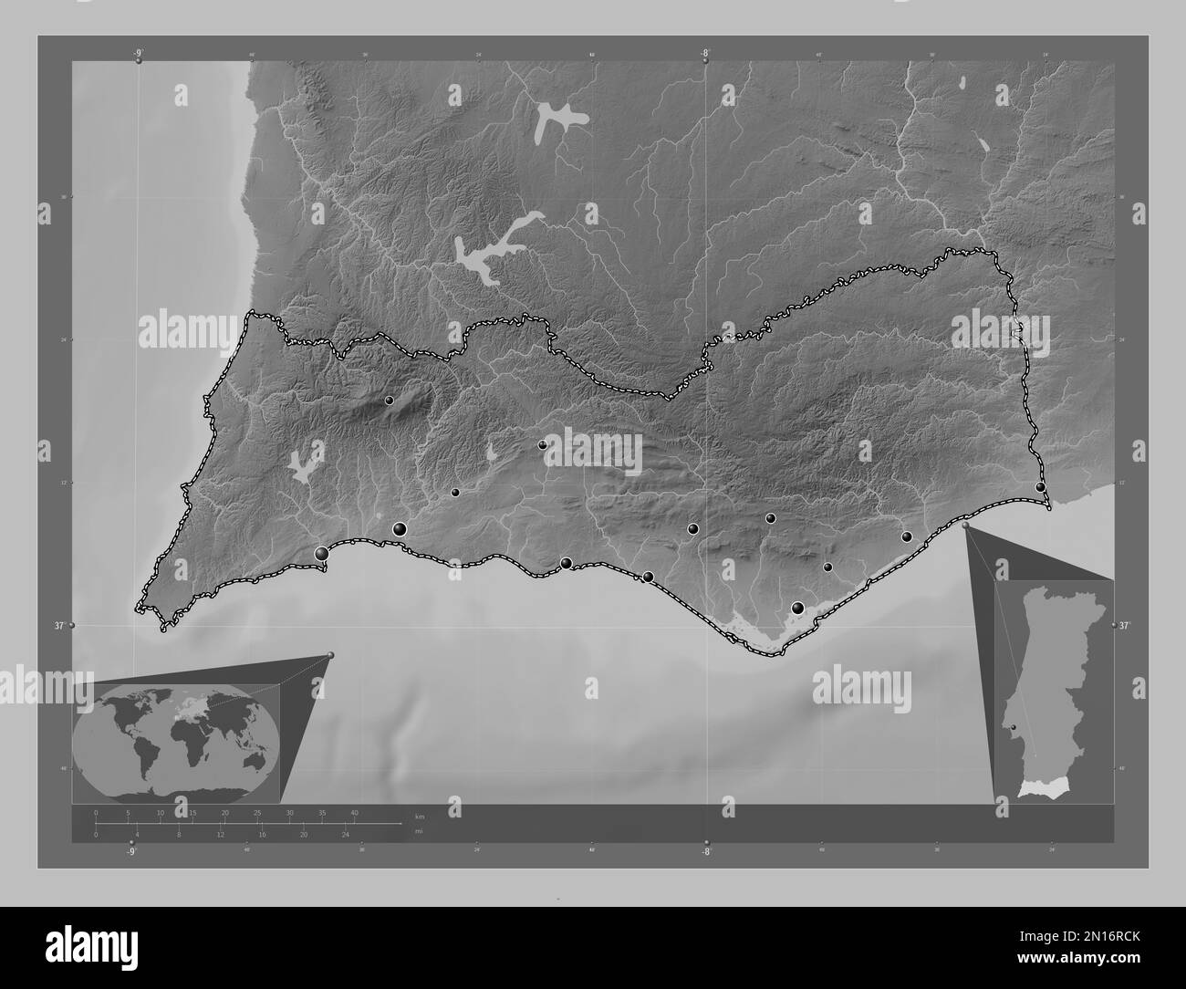 Faro, district of Portugal. Grayscale elevation map with lakes and ...