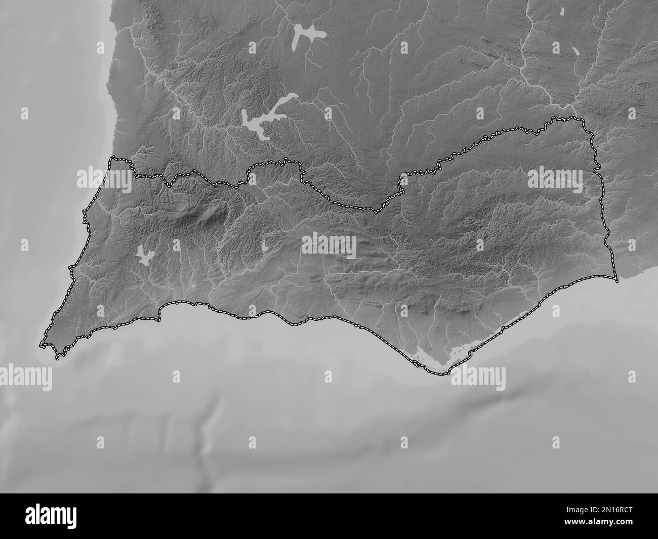 Faro, district of Portugal. Grayscale elevation map with lakes and ...