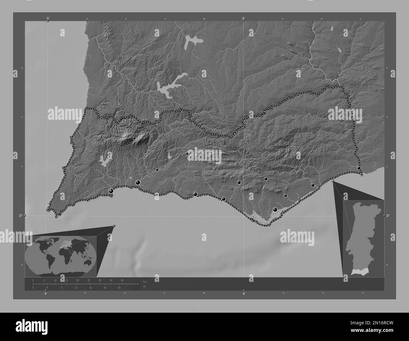 Faro, district of Portugal. Bilevel elevation map with lakes and rivers ...