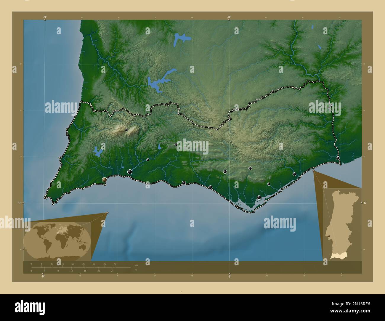 Faro, district of Portugal. Colored elevation map with lakes and rivers ...